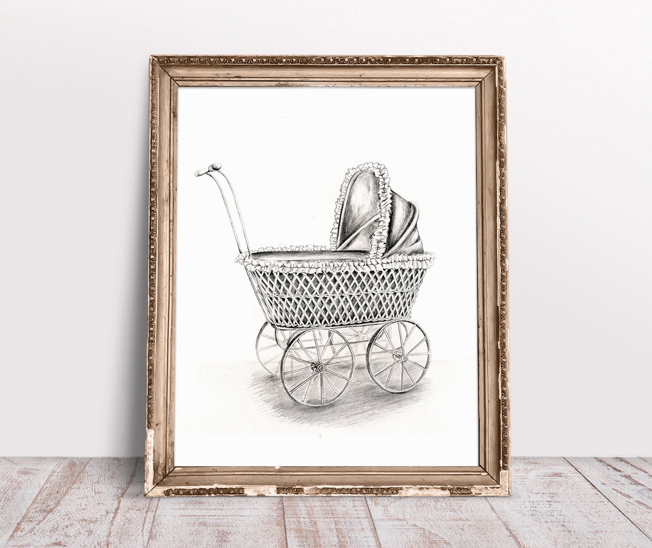 Antique Doll Stroller Art Print Pencil Drawing Old Wicker Baby Trolley ...