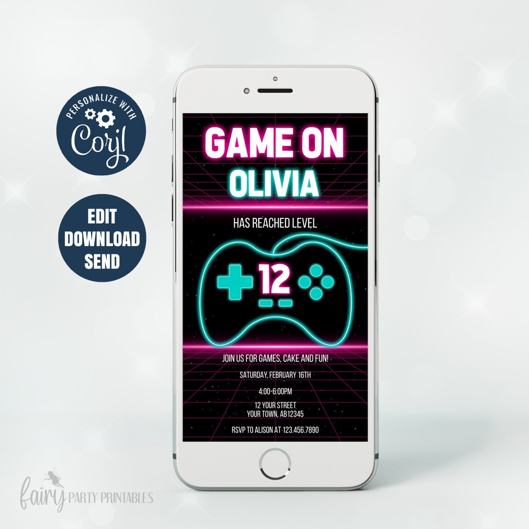 EDITABLE Digital E-vite Game on Girl Birthday Invitation, Neon Video ...