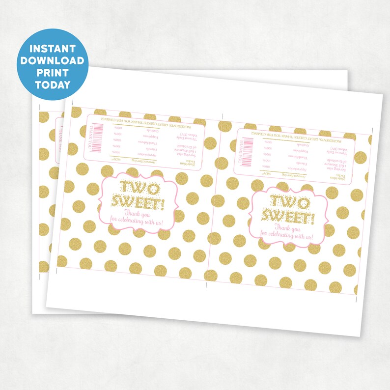 Printable Two Sweet Birthday Thank You Candy Bar Labels - Etsy