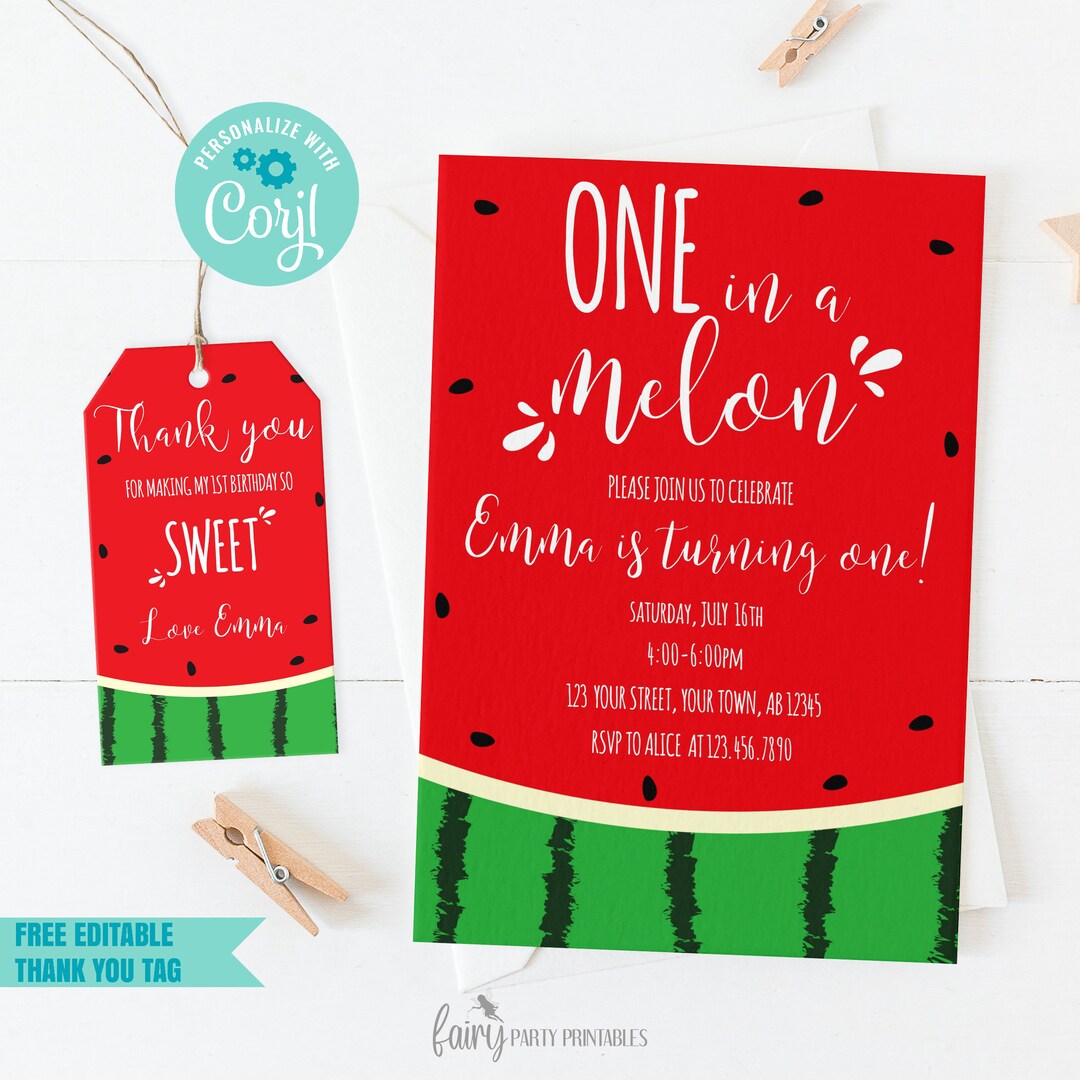 EDITABLE One in a Melon Birthday Invitation, Girl 1st Birthday Summer ...