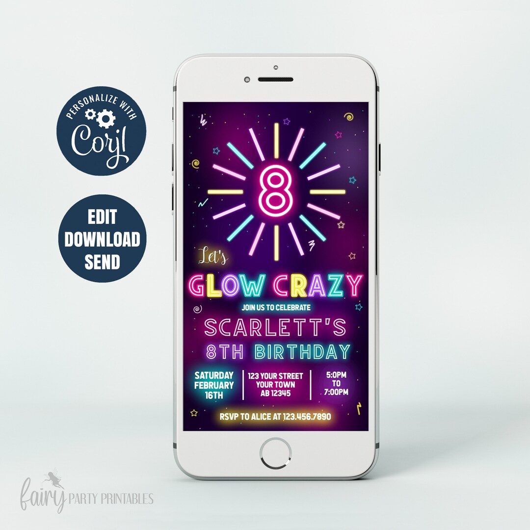EDITABLE Digital E-vite Neon Girl Birthday Invitation, Glow in the Dark ...