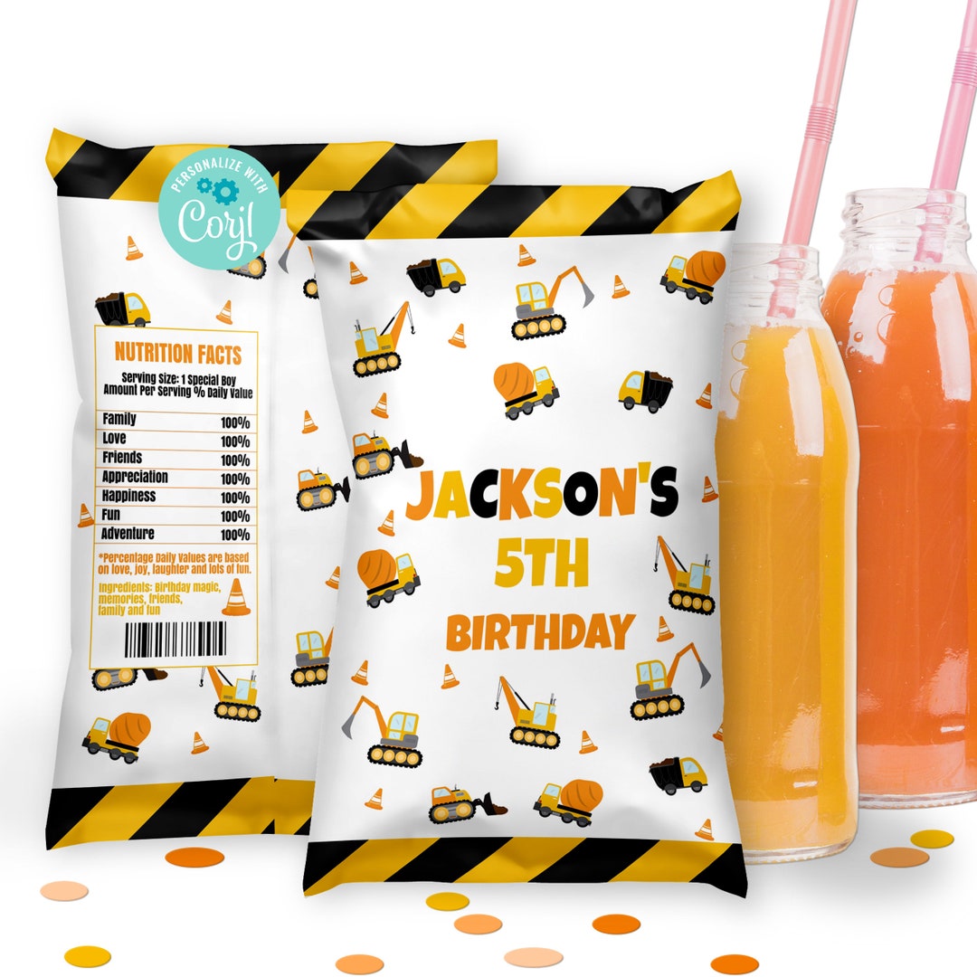 EDITABLE Construction Chips Bag Labels, Dump Truck Digger Excavator ...