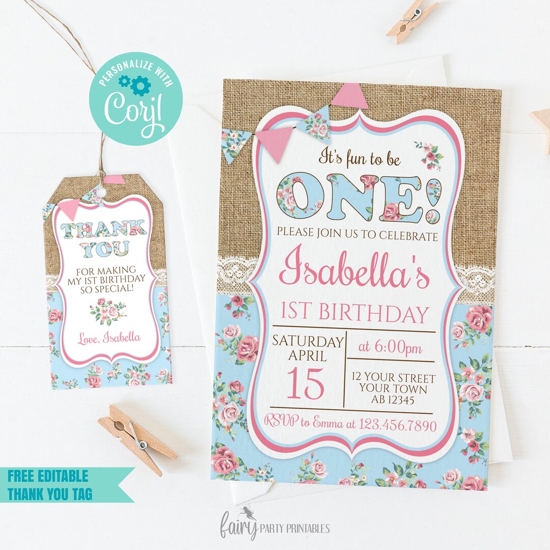 EDITABLE Shabby Chic Girl Birthday Invitation Corjl Template - Etsy