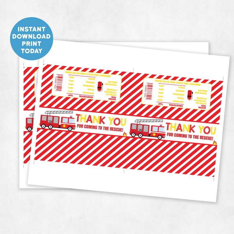 Printable Fire Engine Birthday Thank You Candy Bar Labels - Etsy