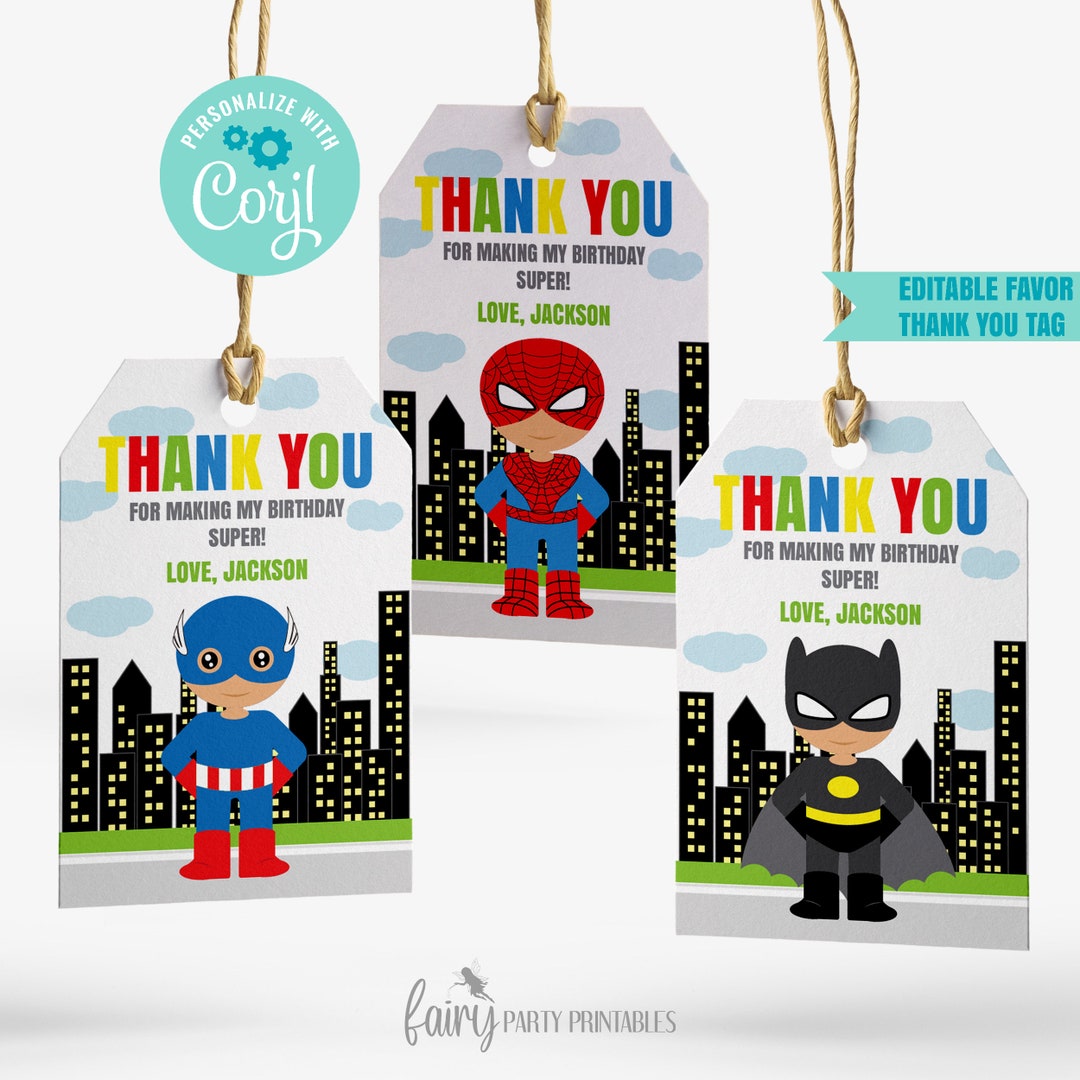 EDITABLE Printable Superheroes Thank You Tag, Superhero Birthday Favor ...