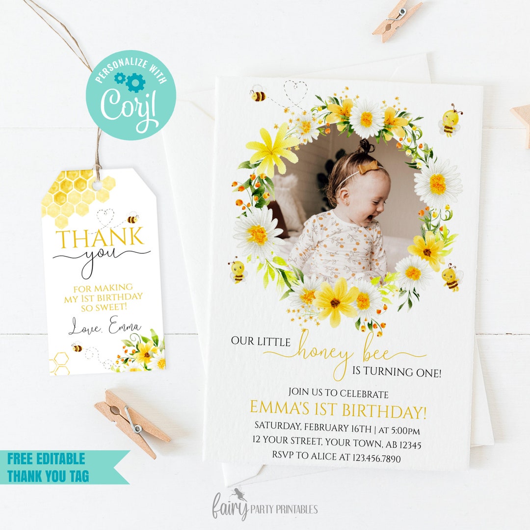 EDITABLE Honey Bee Birthday Invitation,photo Birthday Invitation ...