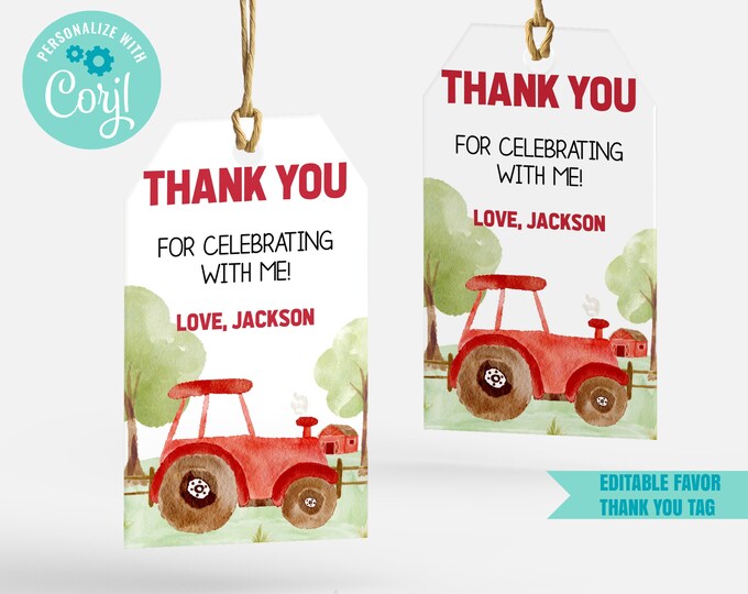 EDITABLE Farm Red Tractor Boy Birthday Thank You Tag Template, Barnyard ...