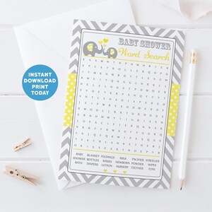 Printable Baby Shower Word Search, Yellow Elephant Shower Word Search ...