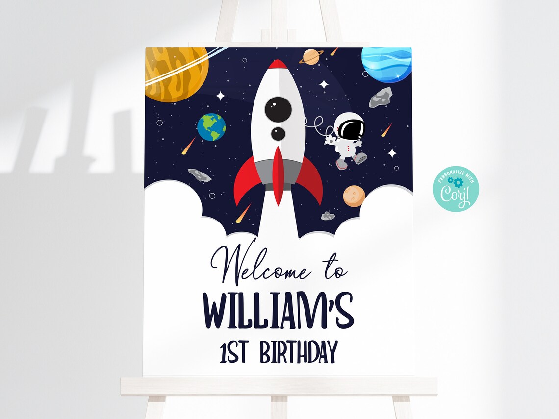 EDITABLE Outer Space Birthday Welcome Sign Template Rocket - Etsy