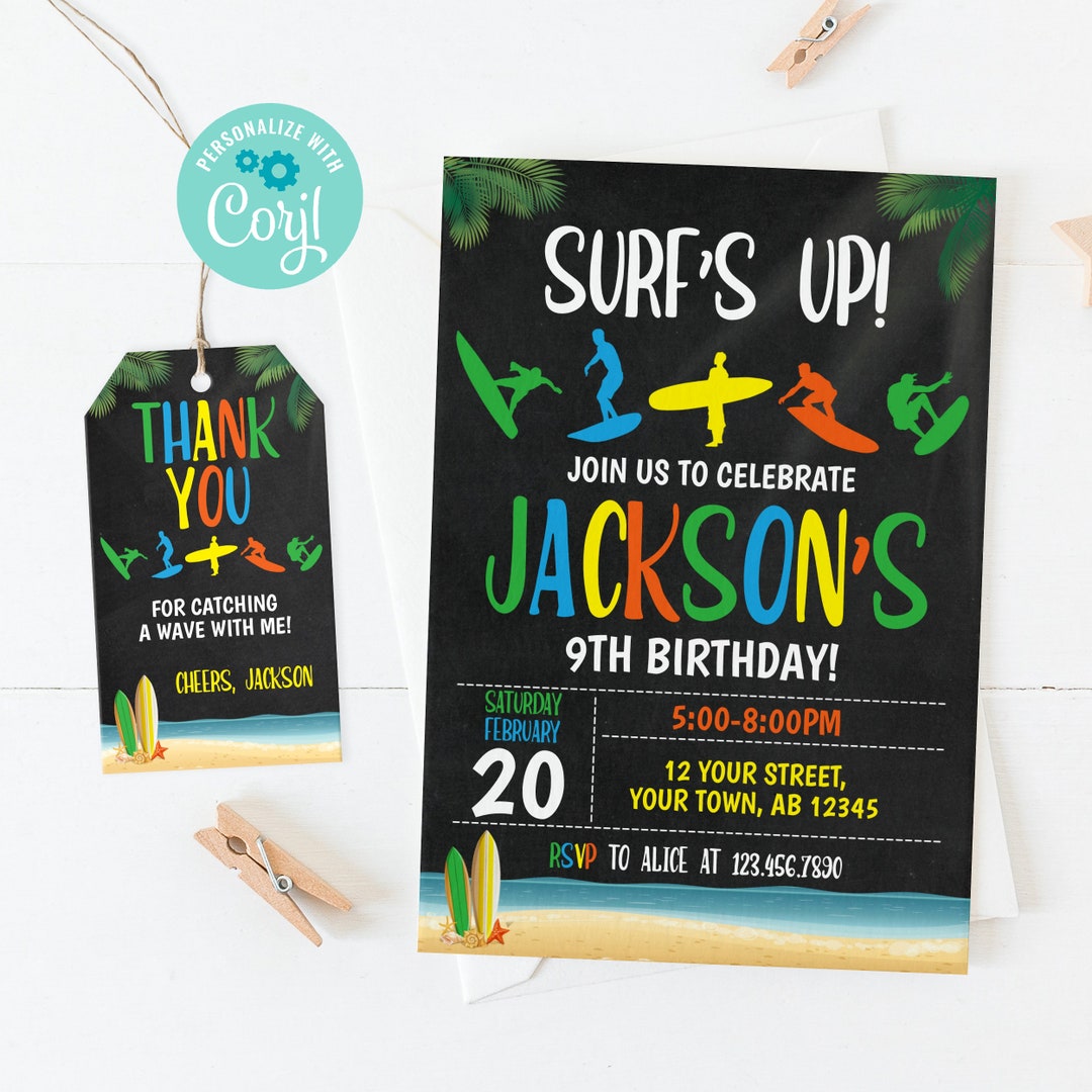 EDITABLE Surf's up Birthday Party Invitation, Surfboard Beach Party ...
