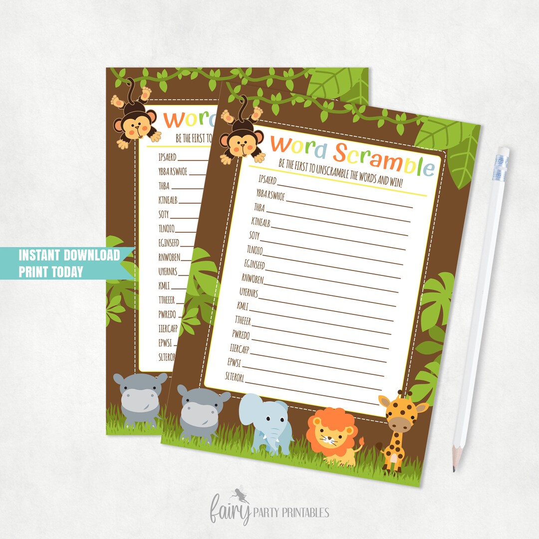 PRINTABLE Baby Shower Word Scramble, Jungle Safari Word Scramble ...