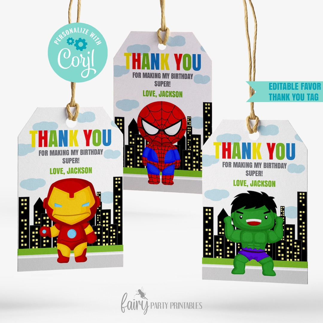 EDITABLE Printable Superheroes Thank You Tag, Superhero Birthday Favor ...