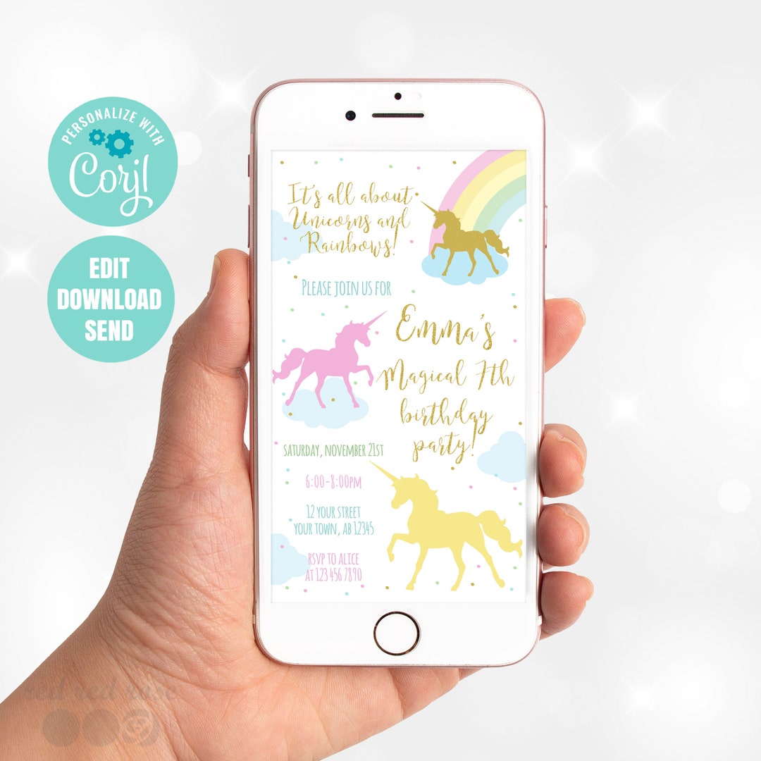 EDITABLE Digital E-vite, Unicorn Birthday Invitation, Magical Rainbow ...