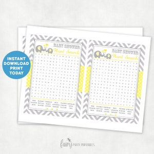 Printable Baby Shower Word Search, Yellow Elephant Shower Word Search ...