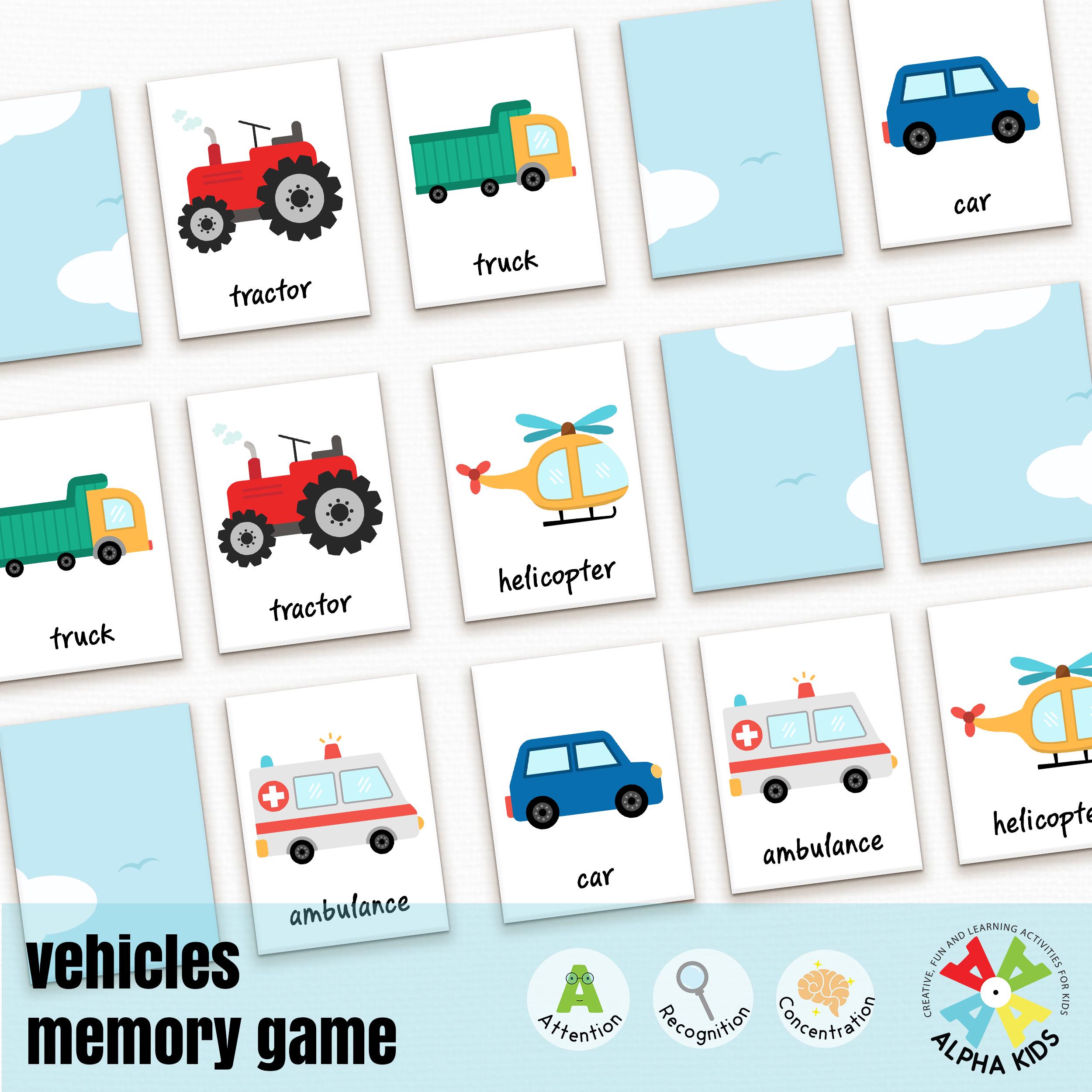 Printable Memory Game Cards, Transportation Matching Cards, Vehicles ...