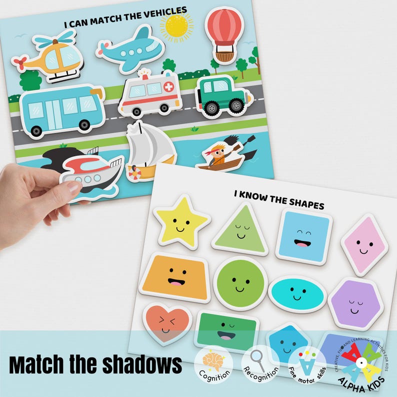 Printable Match the Shadows Activity, Animal Vehicles Shapes Fruits ...