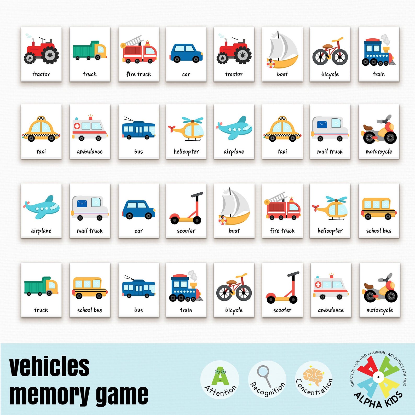 Printable Memory Game Cards, Transportation Matching Cards, Vehicles ...