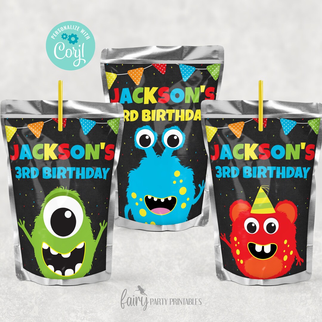 EDITABLE Little Monster Capri Sun Labels, Juice Pouch Boy Birthday ...