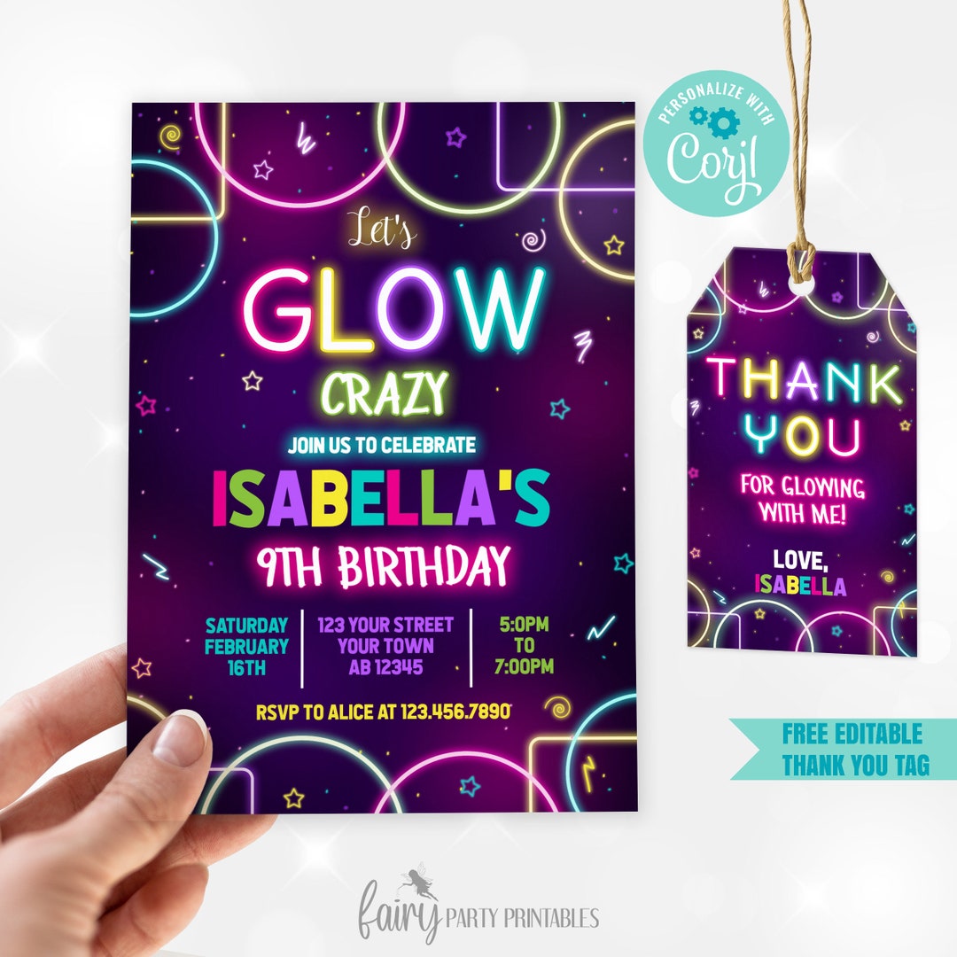 EDITABLE Printable Neon Girl Birthday Invitation, Glow in the Dark ...