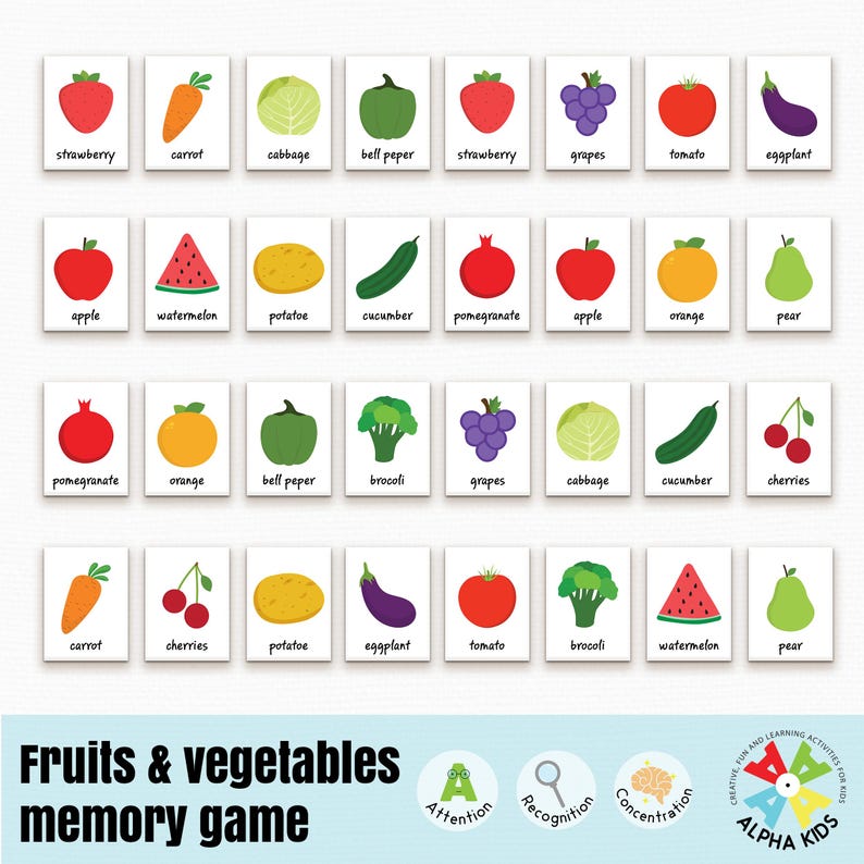 Printable Memory Game Cards, Matching Cards, Fruits and Vegetables ...