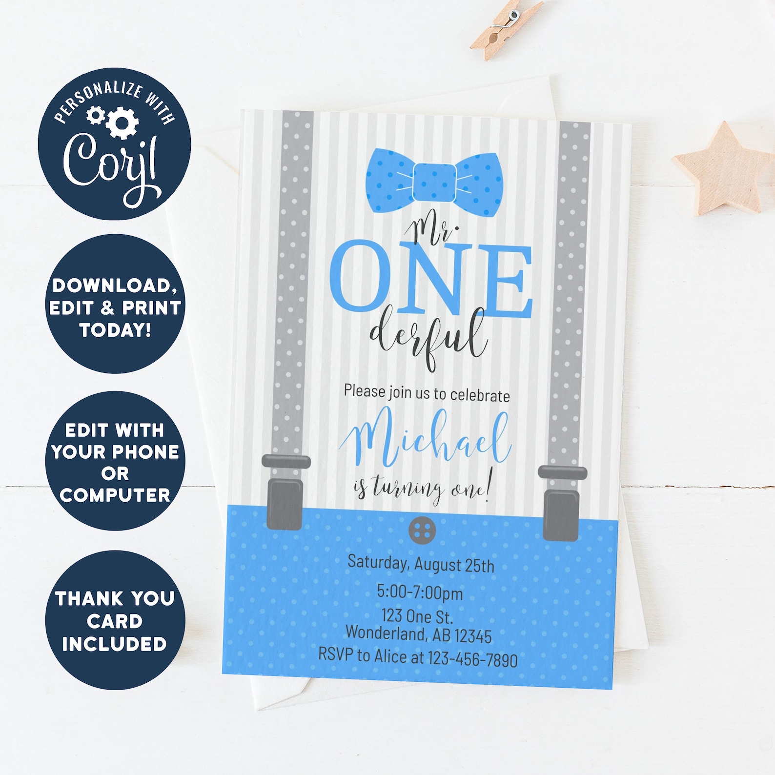 EDITABLE Printable 1st Boy Birthday Invitation Mr. Onederful | Etsy