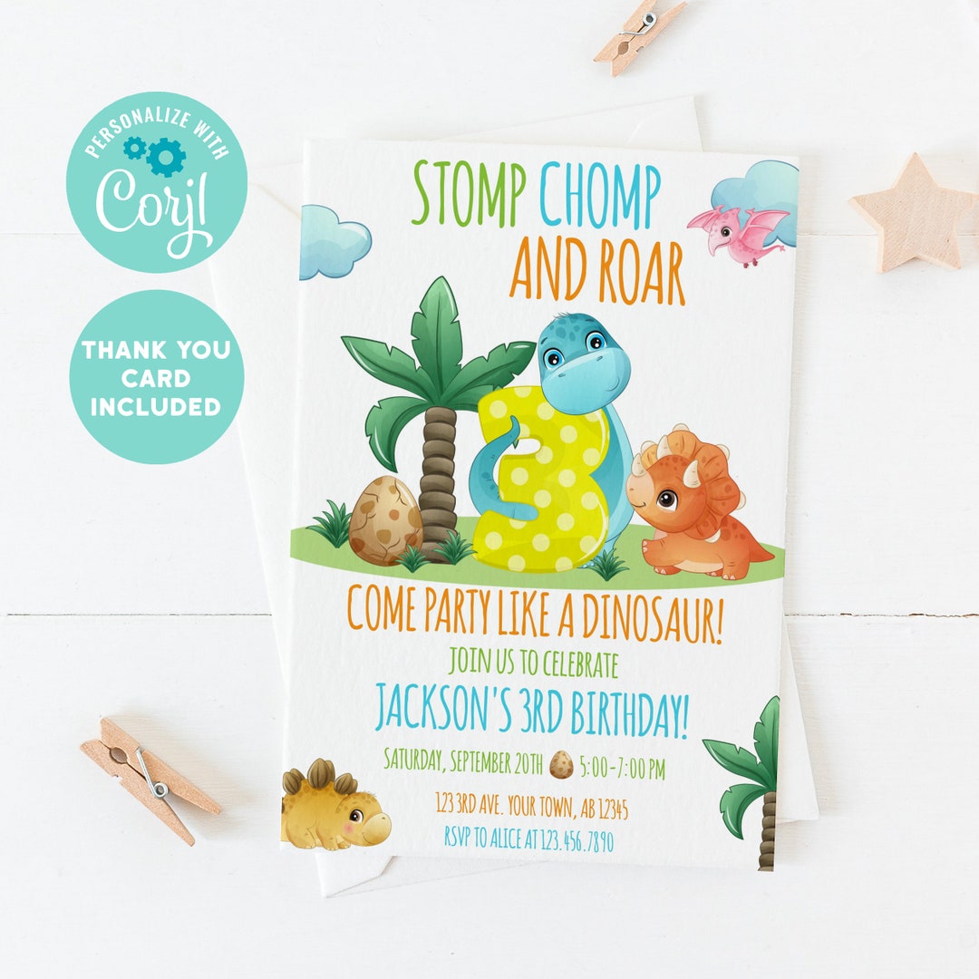 EDITABLE Printable Dinosaurs Boy 3rd Birthday Invitation, Dinosaur Boy ...