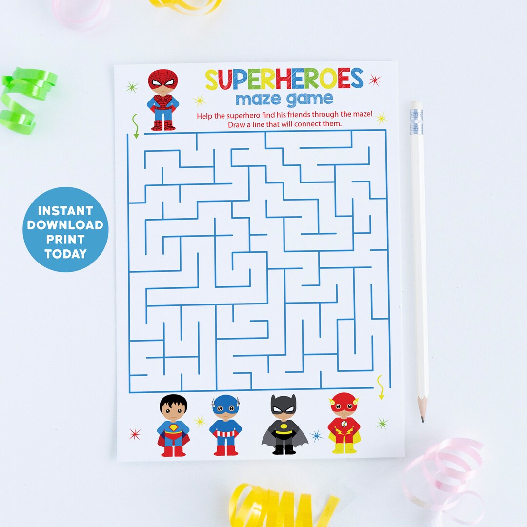 Printable Superheroes Maze Game, Birthday Party Superhero Maze Game ...