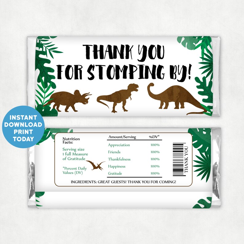 Printable Dinosaur Birthday Thank You Candy Bar Labels T-rex - Etsy