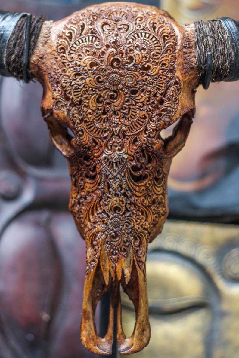 Hand Carved Floral Tribal BUFFALO Skull Longhorns / Horns/ - Etsy