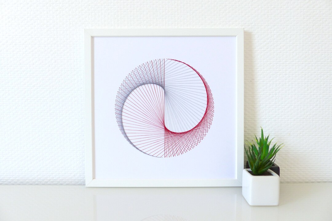 Hand Embroidered Paper Tableau Grey and Red String Art Yin & Yang ...