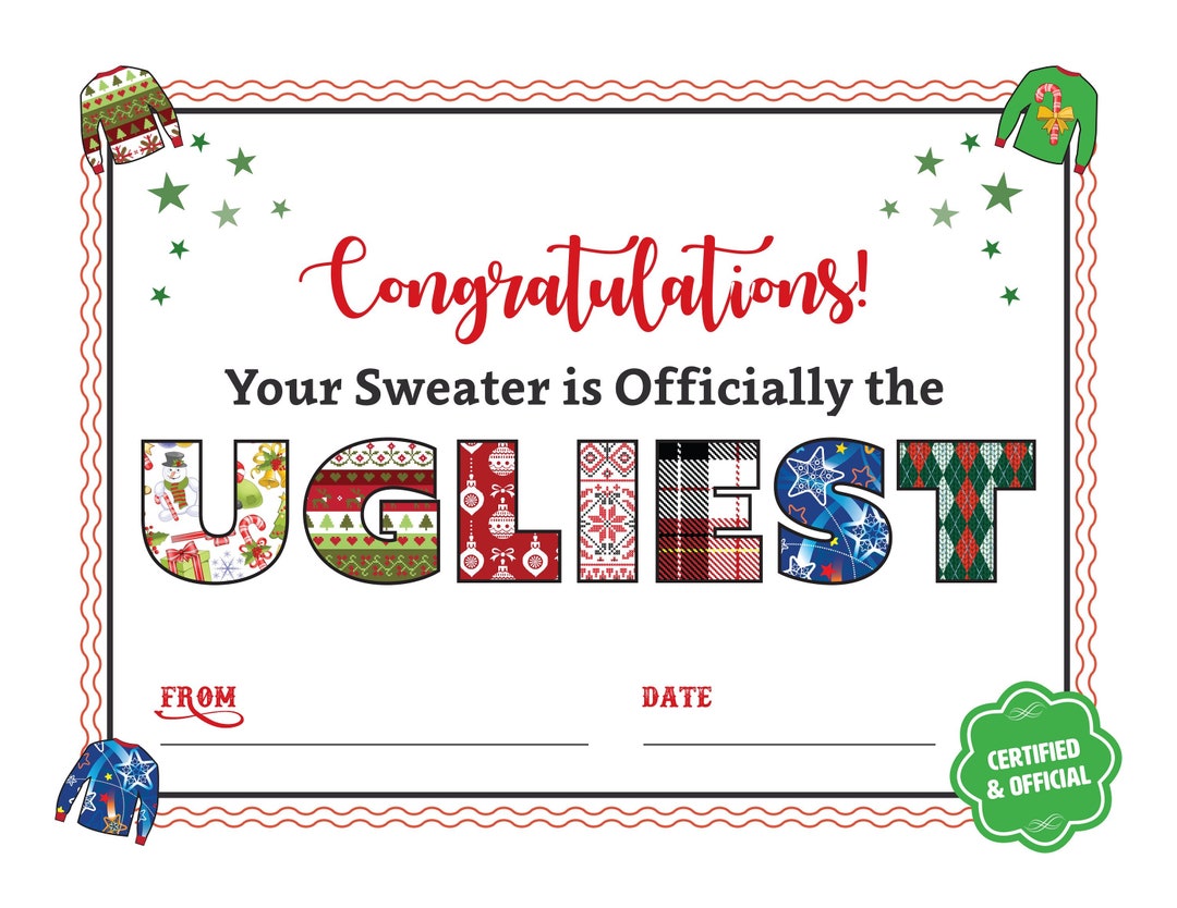 Ugly Christmas Sweater Printable Certificate - Instant Download - Etsy