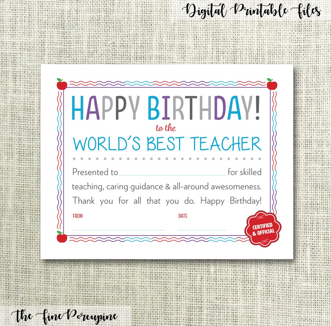 Happy Birthday Certificate for Teacher - Instant Download - Etsy