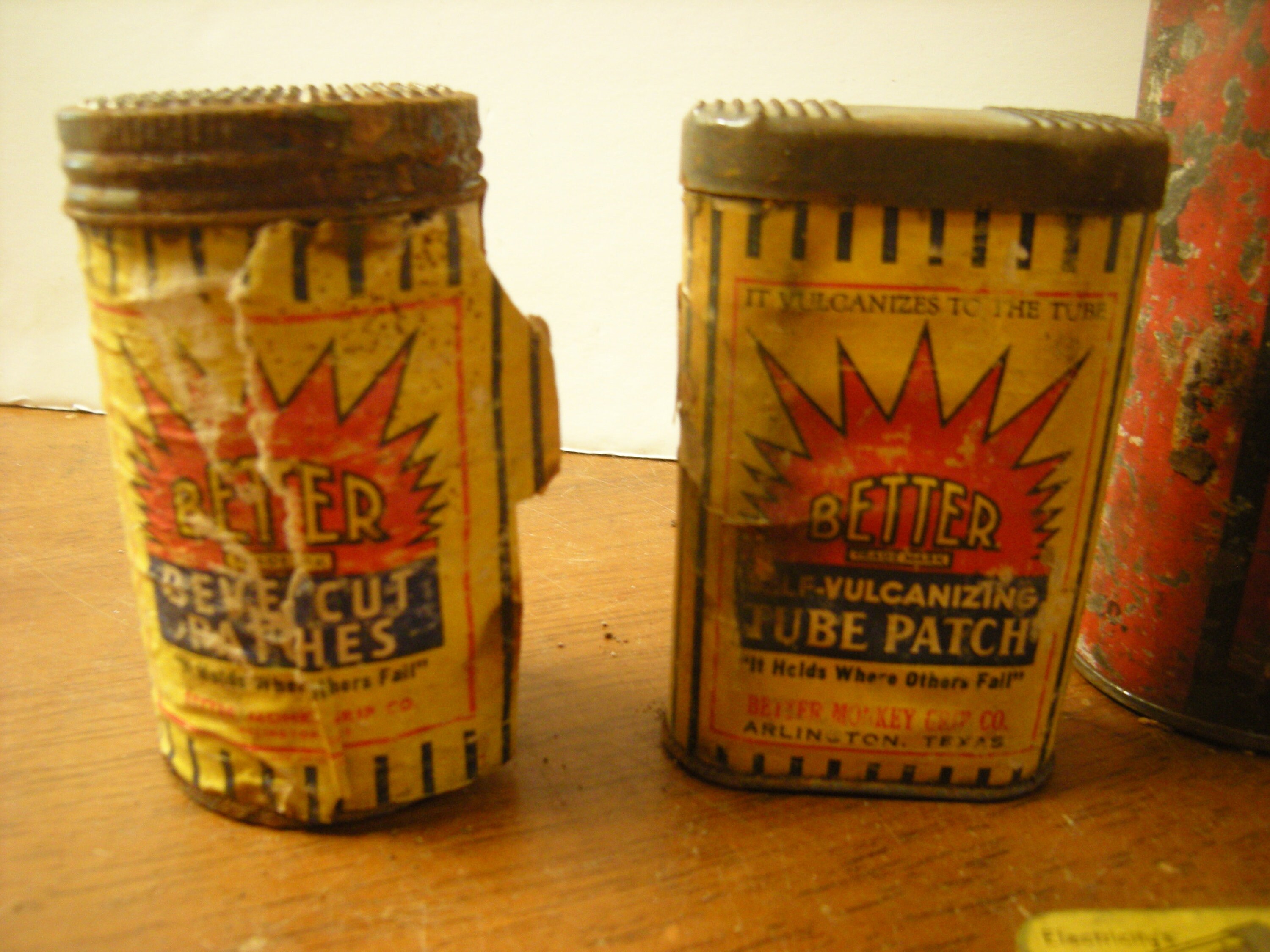 5 Old Tins-bevel Cut Patches-tube Patch-2 Fuse Tins-long Red Tin ...