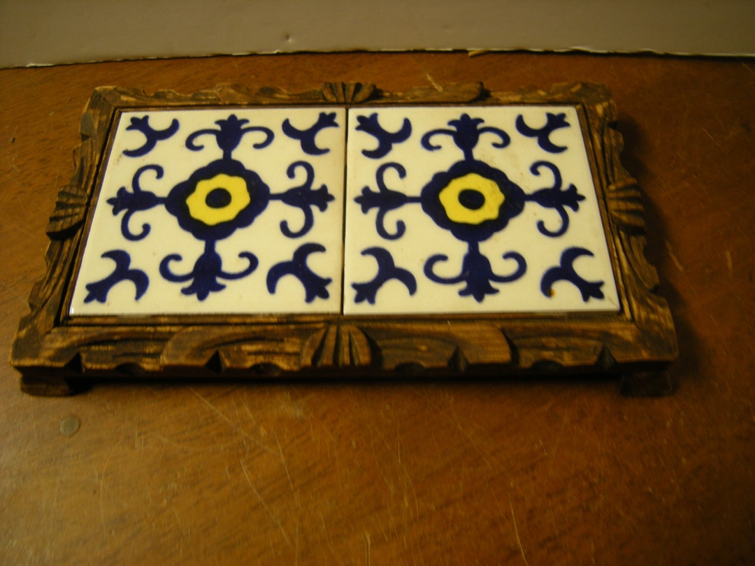 Vtge Tiles Trivet-carved Wood Frame-wall Hanging-home and Living ...