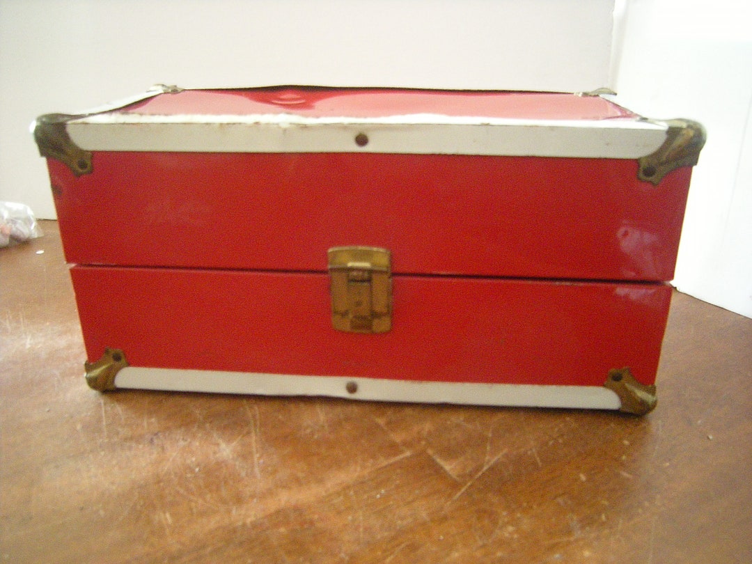 Vtge Doll Trunk-red Metal Trunk-mirror and Hanger-box-bin-storage ...