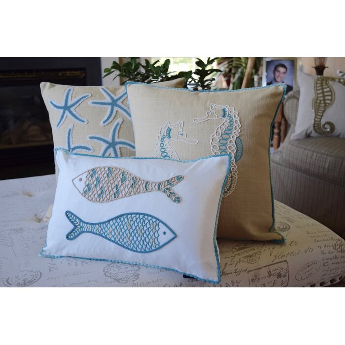 Dobbs Fish Embroidered Cotton Lumbar Pillow, Fish Throw Pillow, Pillow ...