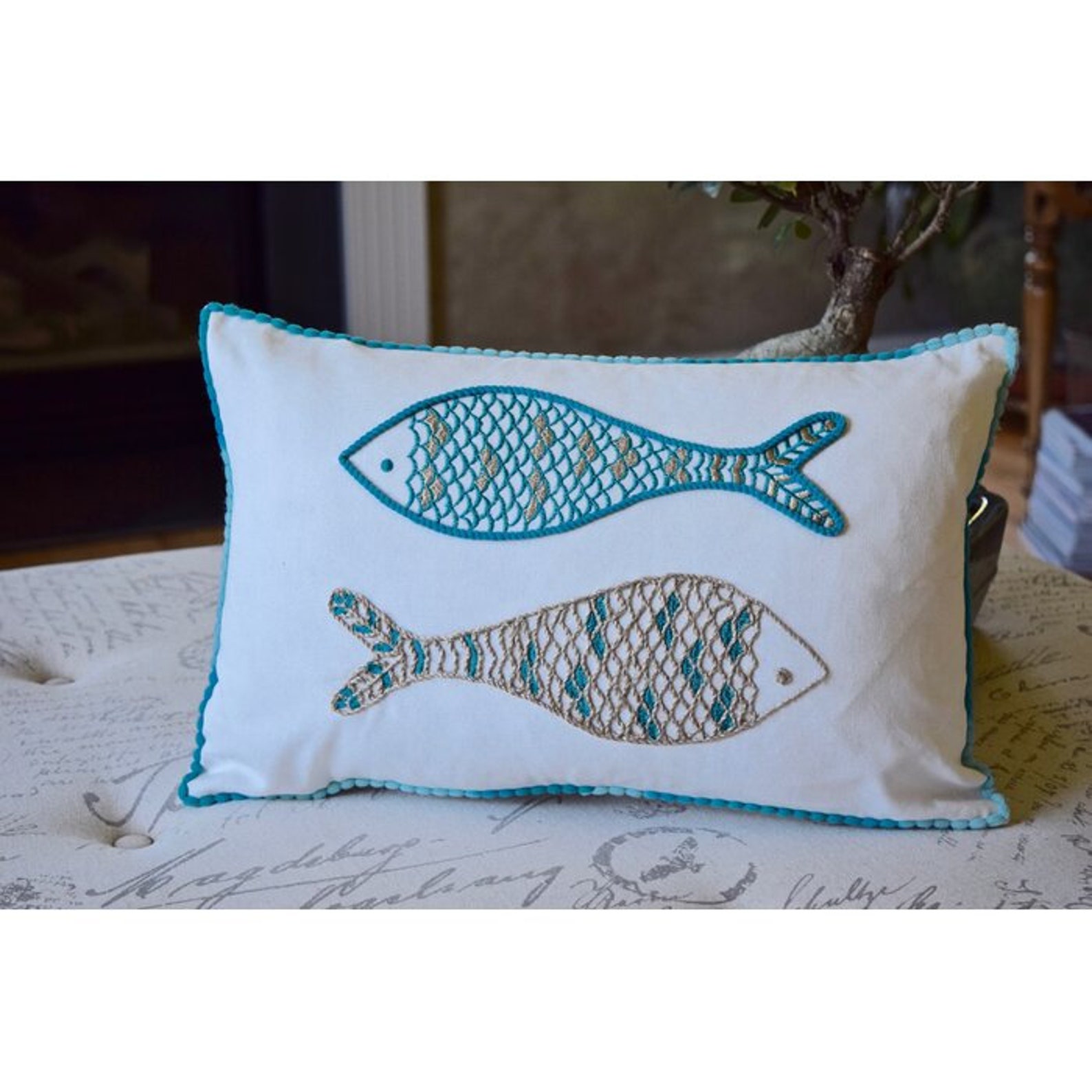 Dobbs Fish Embroidered Cotton Lumbar Pillow, Fish Throw Pillow, Pillow ...