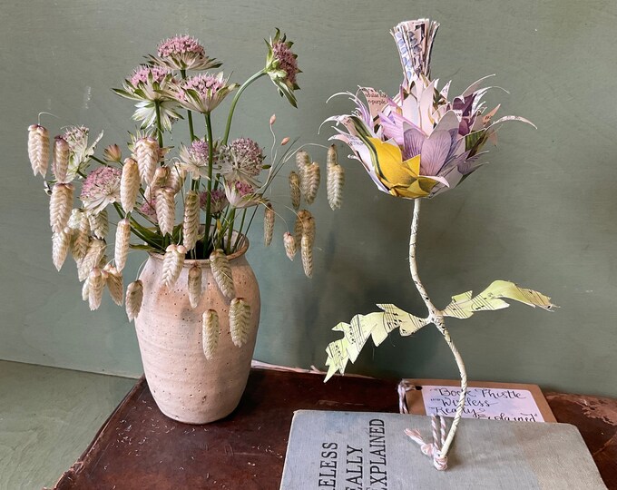 Paper Thistle Flower Sculpture on Book Base, Handmade Flower Thistle ...