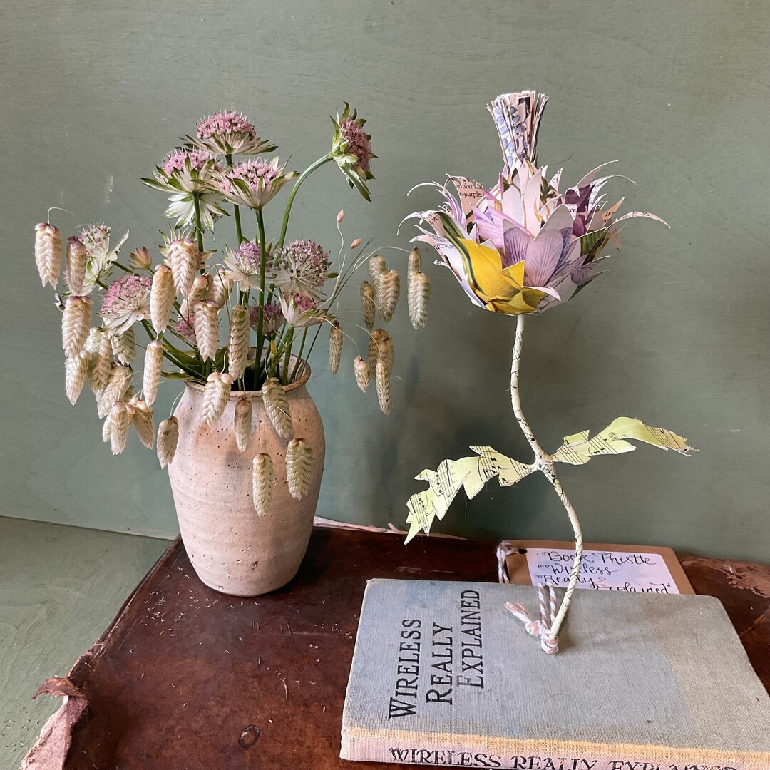Paper Thistle Flower Sculpture on Book Base, Handmade Flower Thistle ...