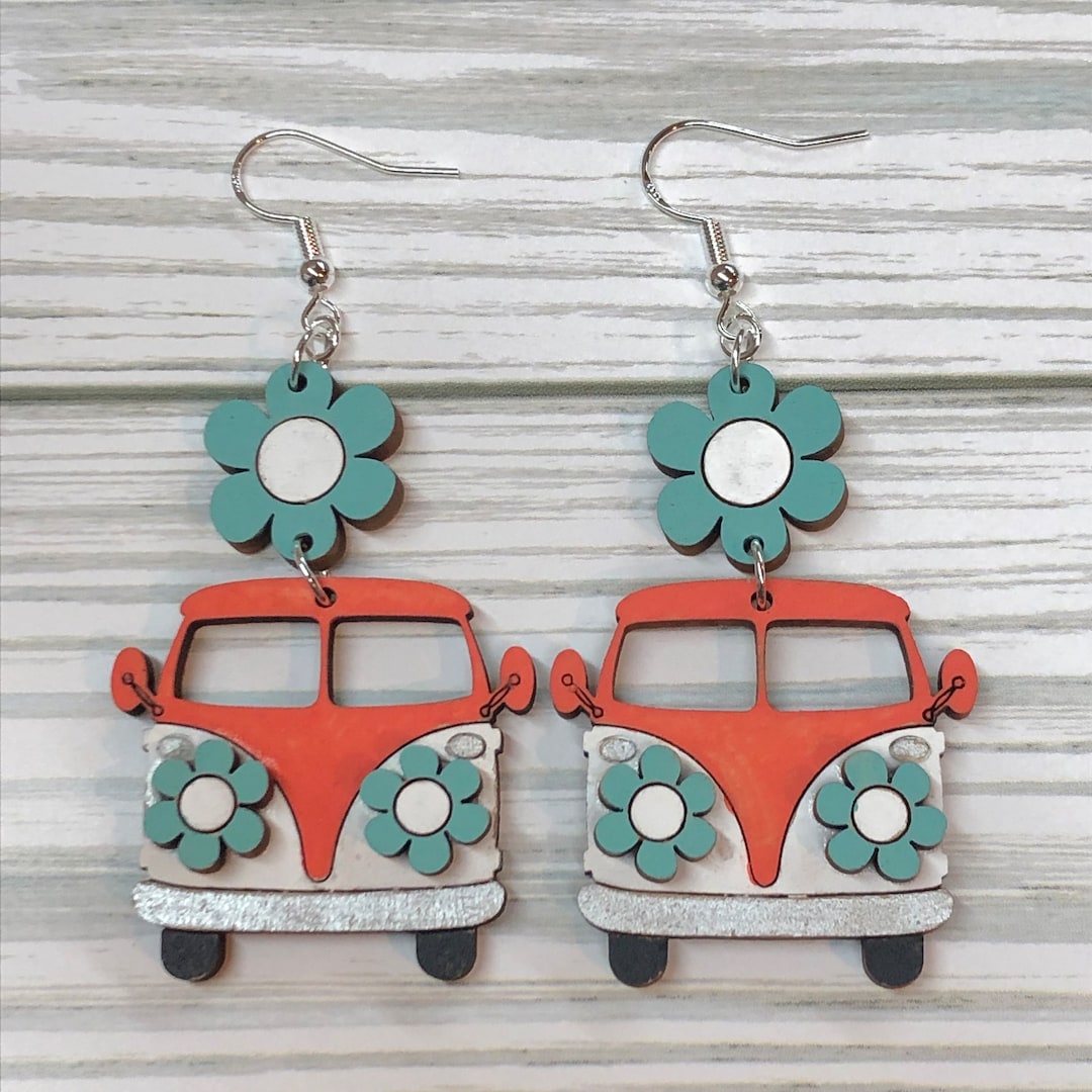 Classic Van Earrings, Hippie Jewelry, Boho Bus, Laser Cut Wooden ...