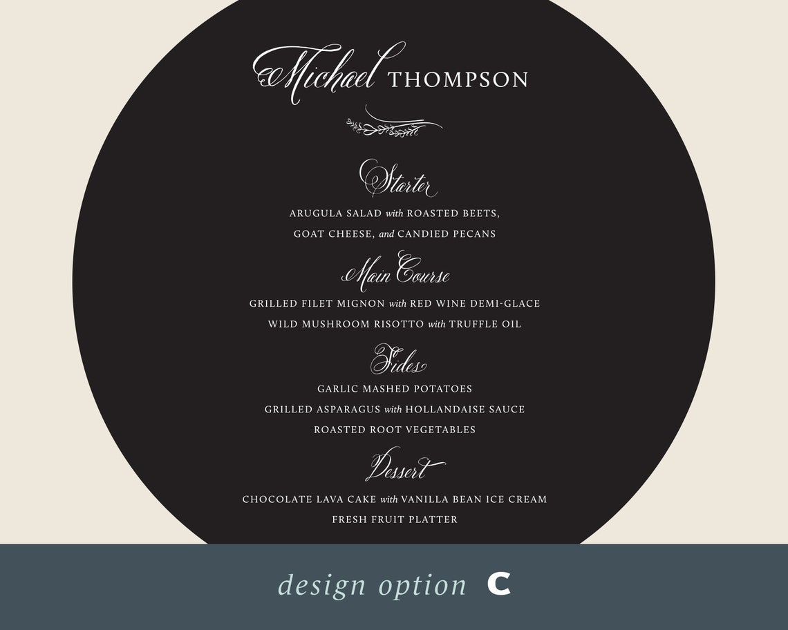Round Menu Name Cards Printed With White Ink on Black Paper 8 Die-cut ...