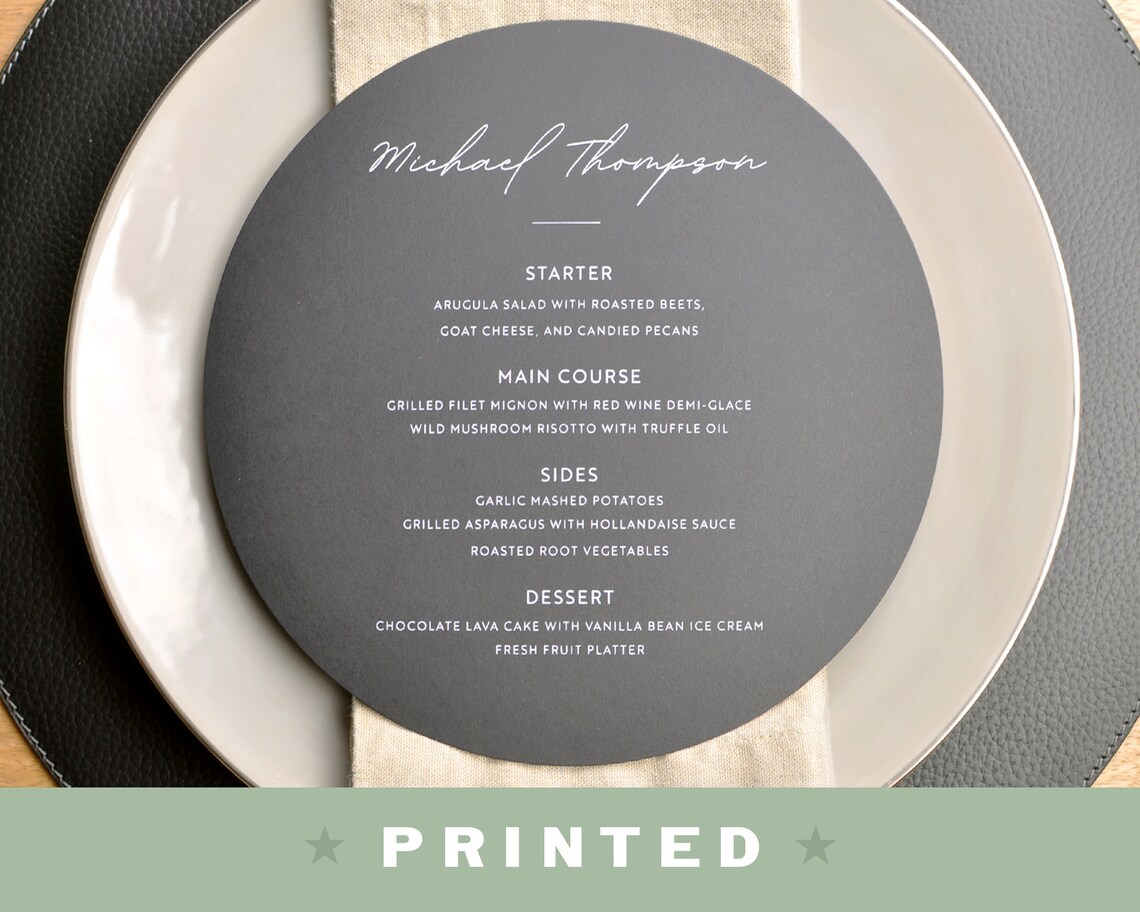Round Menu Name Cards Printed With White Ink on Black Paper 8 Die-cut ...