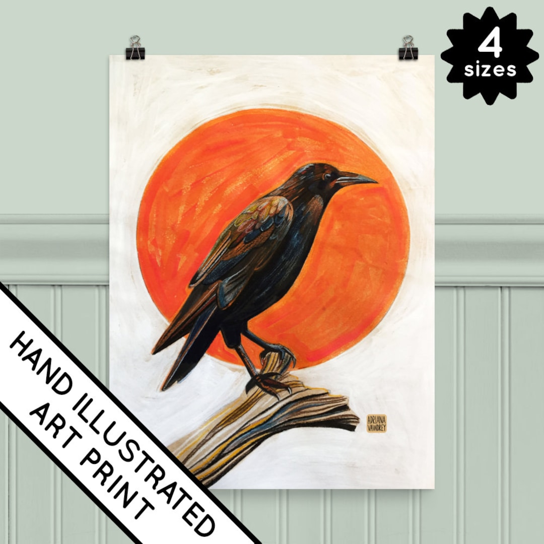 Raven Illustrated Print, Raven Decoration, Halloween Raven Art ...