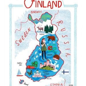 Hand Illustrated Map of Finland Downloadable Art, 8x10 Inch, Suomi ...
