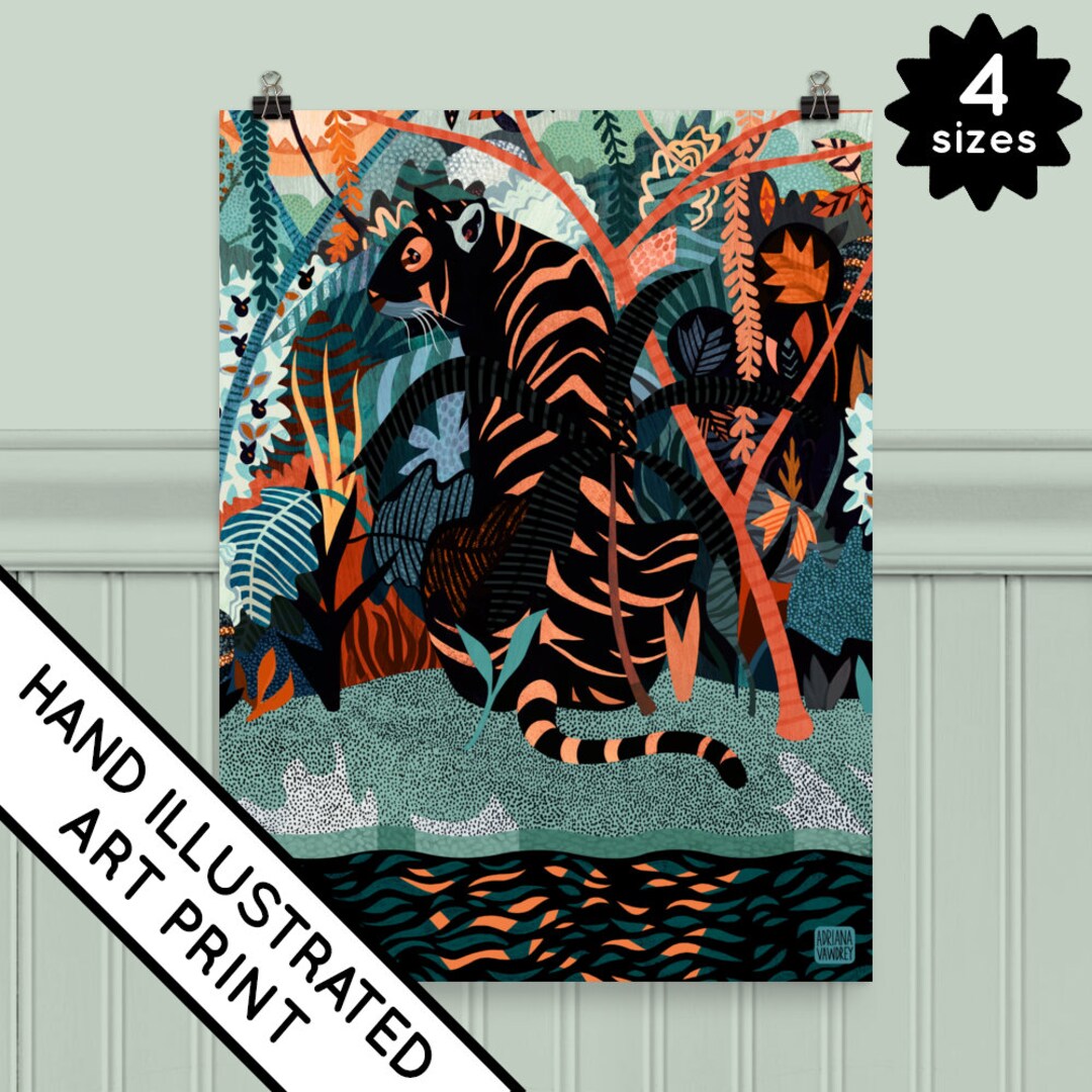 Tiger Illustrated Art Print, Dark Tropical Poster, Jungle Leaves Art ...