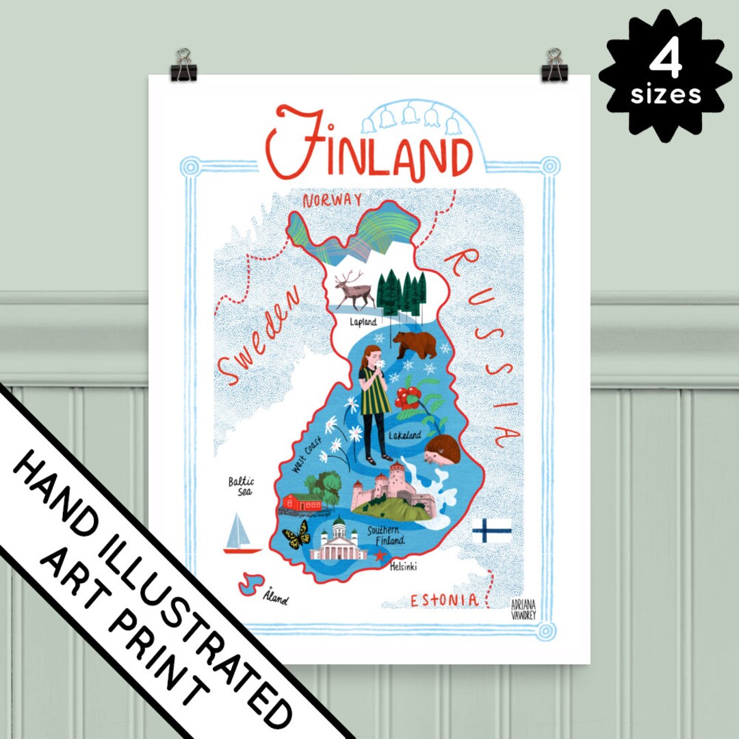 Hand Illustrated Map of Finland, Laplanders, Cottage Core Artwork ...