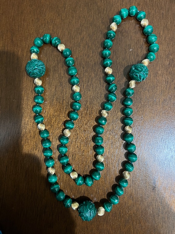 14K Gold Carved Malachite Bead Necklace - Gem