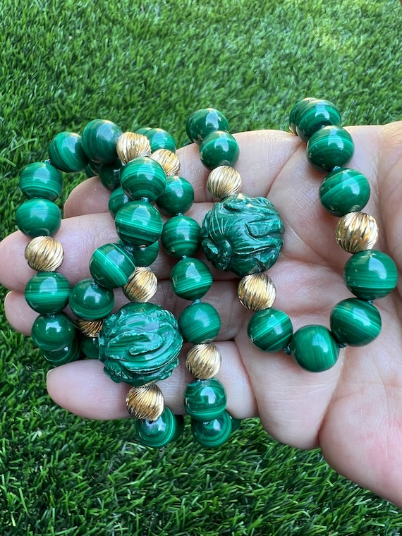 14K Gold Carved Malachite Bead Necklace - Gem