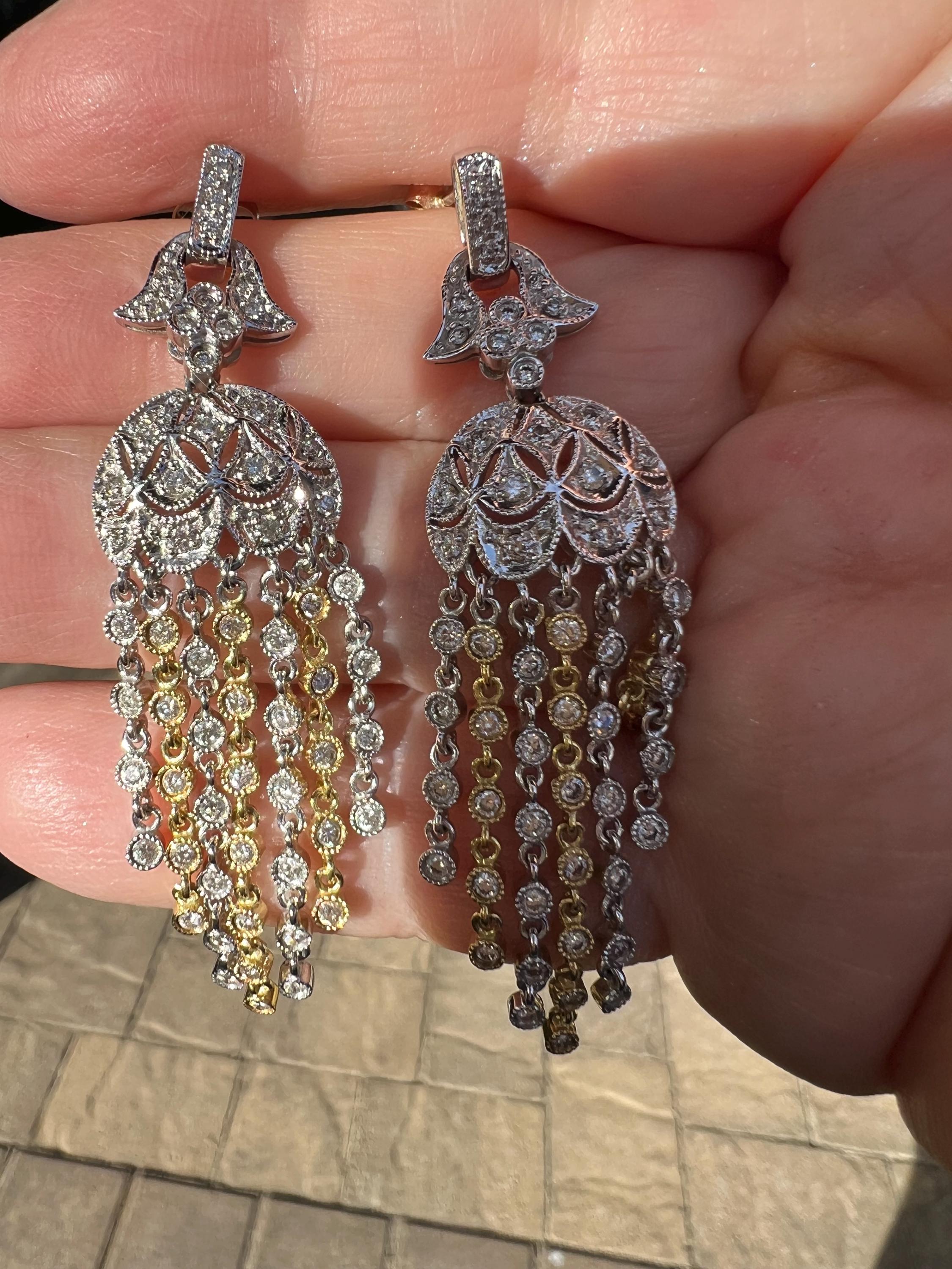 Stunning 18K White and Yellow Gold Diamond Dangling Chandelier Earrings ...