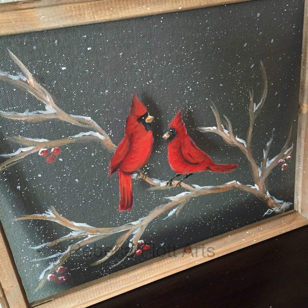 Winter Cardinals, Hand Painted, Recycled, Window Screen, Wood Frame ...